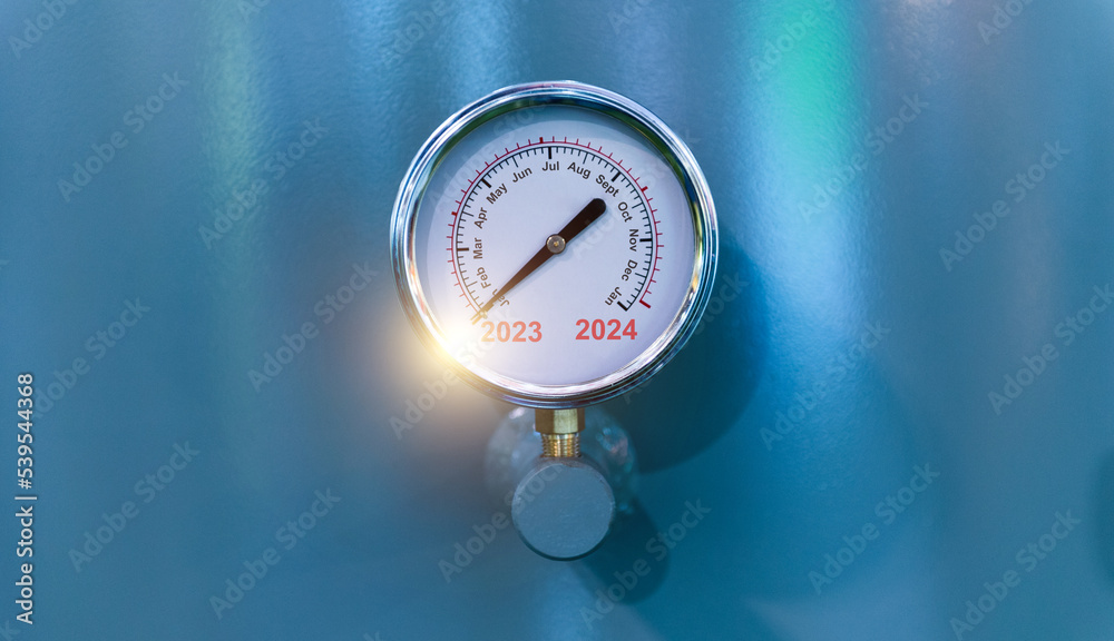 New year number 2023 and 2024 on pressure gauge measuring instrument ...