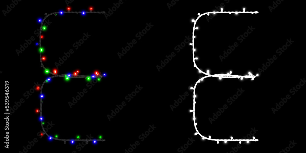 Letter E made of electric garland with colored lights on black ...