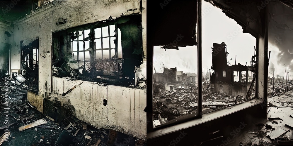 Ruined building with rubble and war outside. Inside looking out. 3d ...