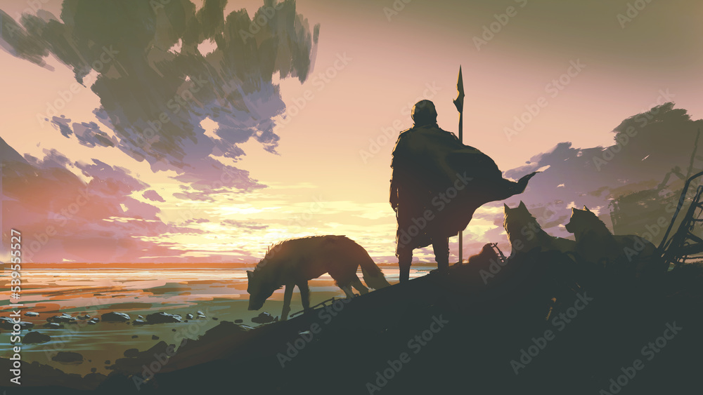 silhouette of a warrior with a pack of wolves looking at sunset sky ...