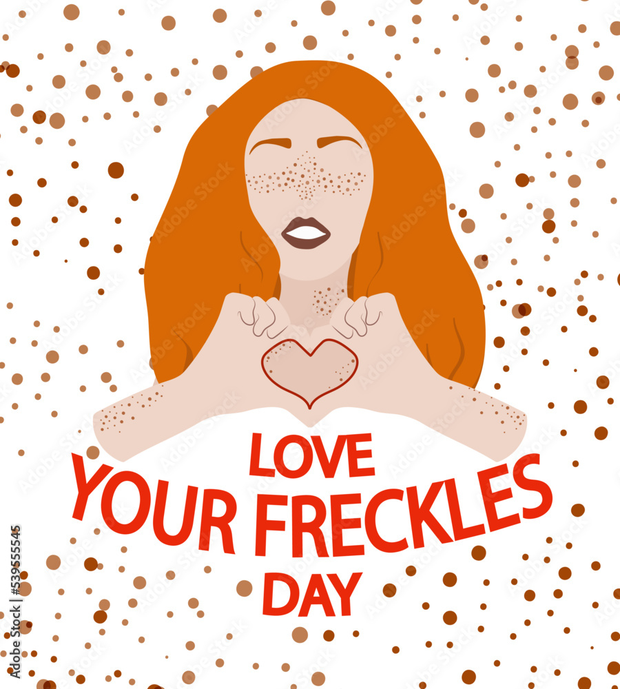 Love your freckles day celebration card. Red haired women with heart ...