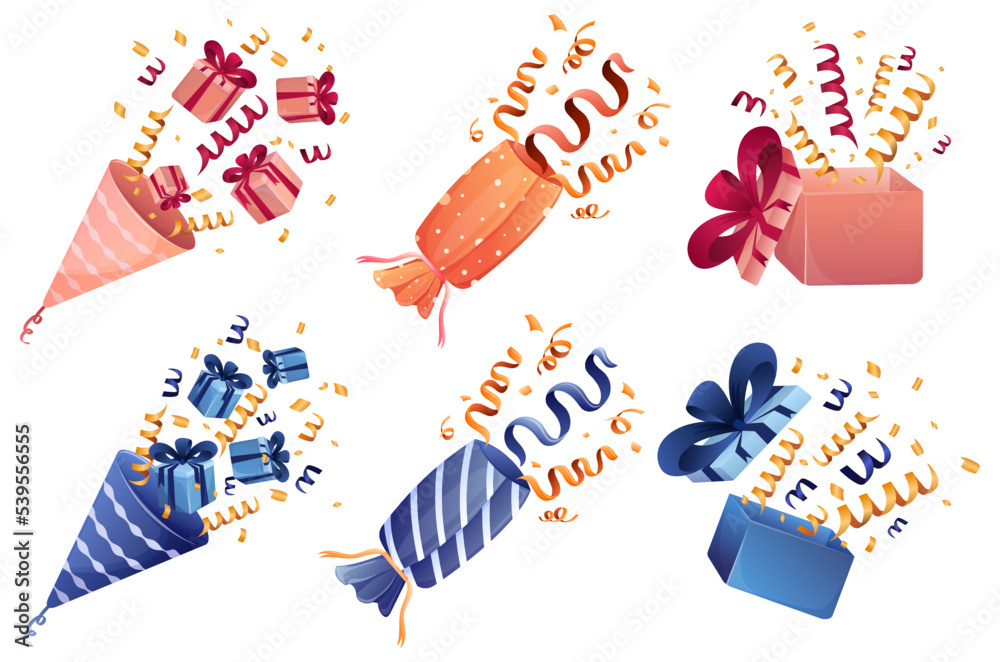 Big set party popper and gift box with confetti. Confetti, explosion ...