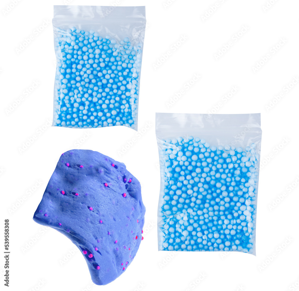 styrofoam balls in a bag. Slime with foam balls. A popular trendy ...