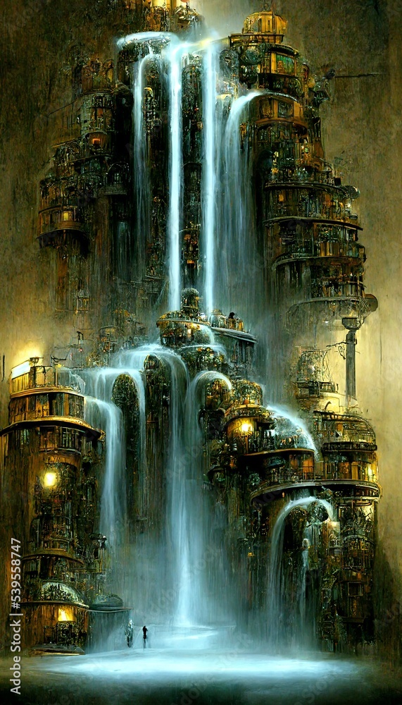 Steampunk futuristic waterfall architecture in fantasy city ...