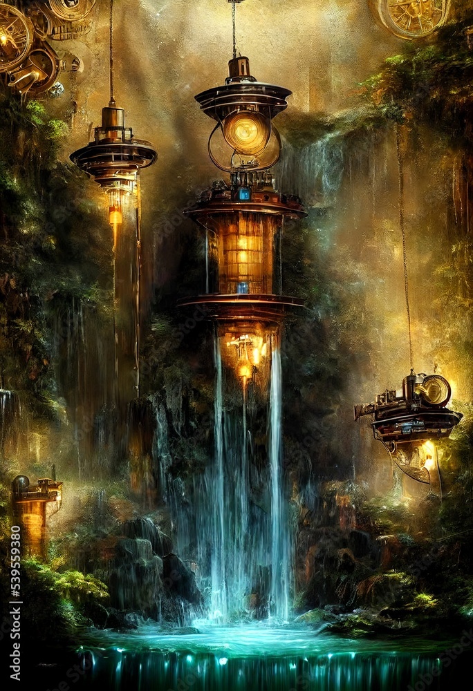 Steampunk waterfall with lanterns architecture in fantasy city ...