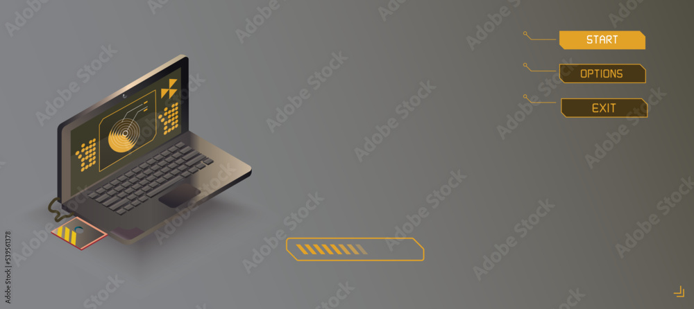 Hacker's laptop with cyberpunk gui on the screen, isometric vector ...