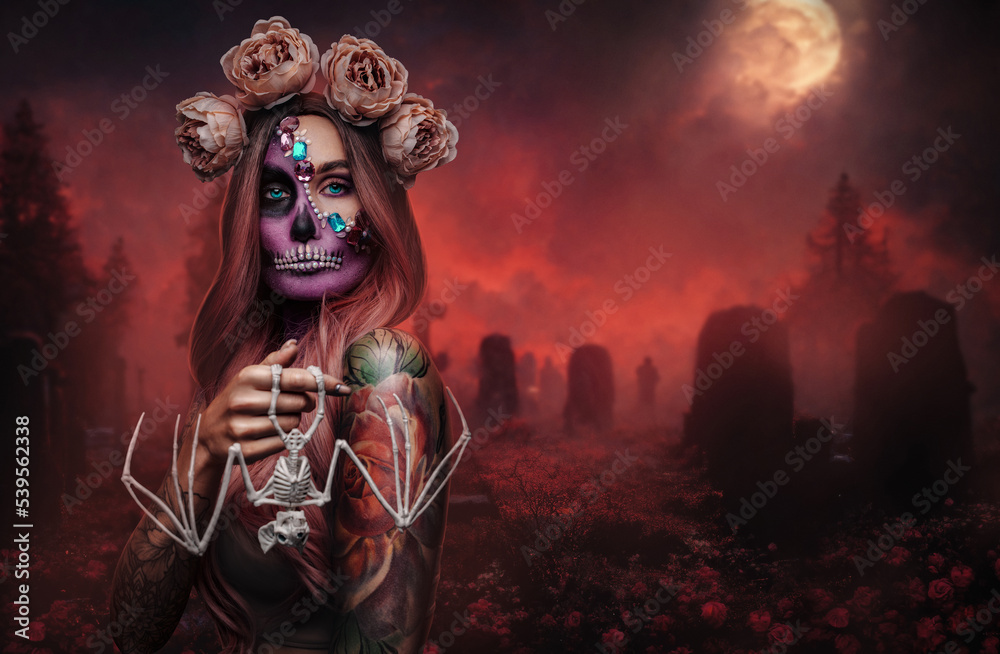 Portrait of halloween style evil woman with makeup and bat skeleton in ...