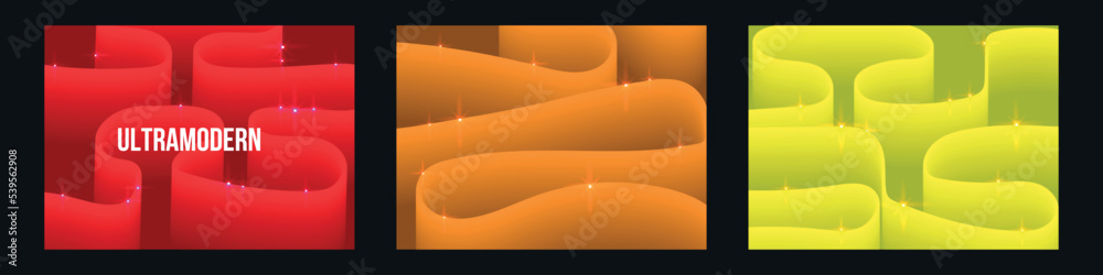 Bright colorful set of the 4a posters with pattern from the 3d wavy ...