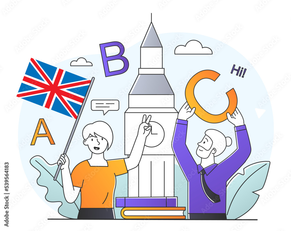 English language lesson. Man and woman with British flag. Advertising ...