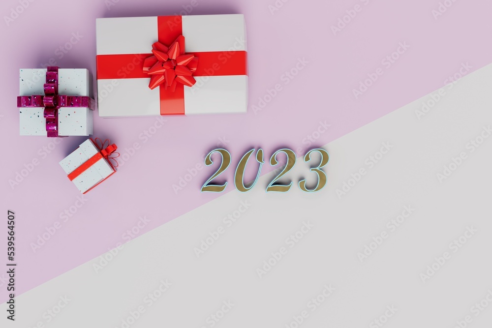 receiving gifts for the new year 2023. boxes with red bows and the ...