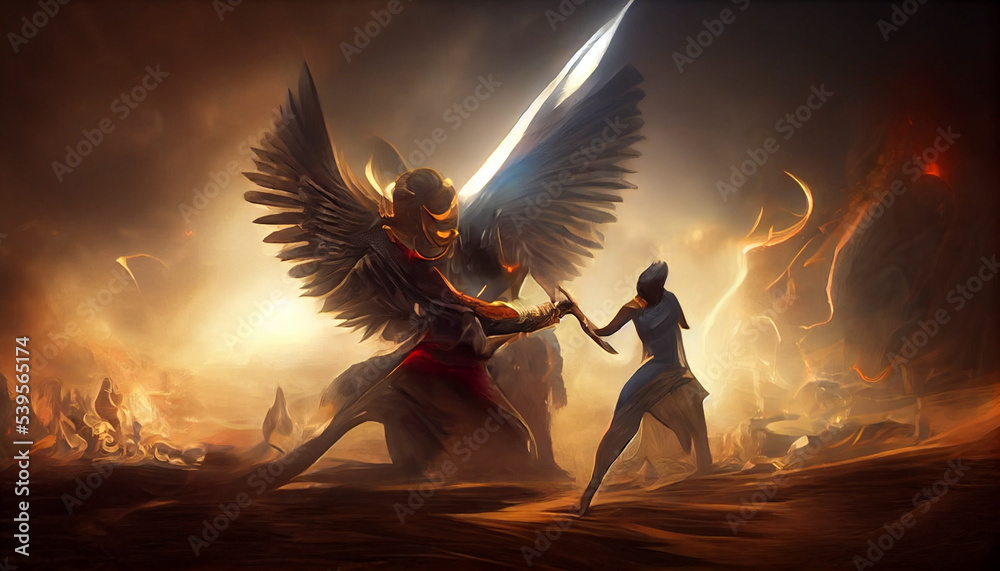 An egyptian angel fights with a warrior. Eternal battle good vs evil ...
