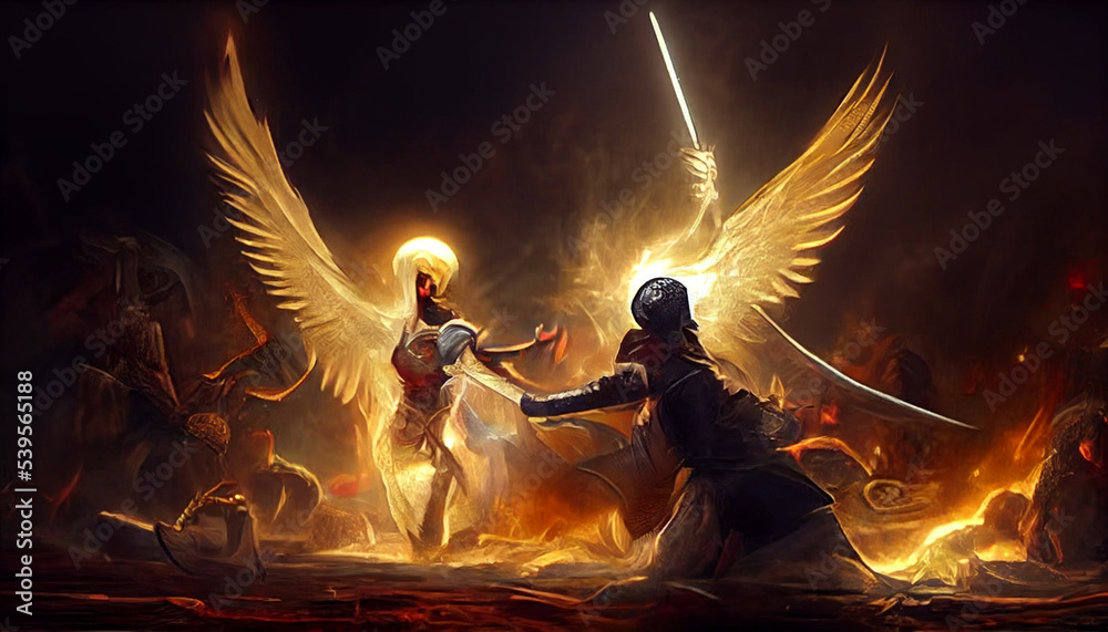 An egyptian angel fights with a warrior. Eternal battle good vs evil ...