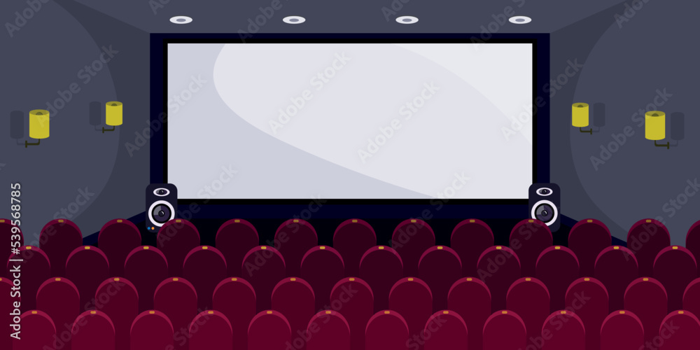 Vector illustration of modern interior cinema. Cartoon interior with ...