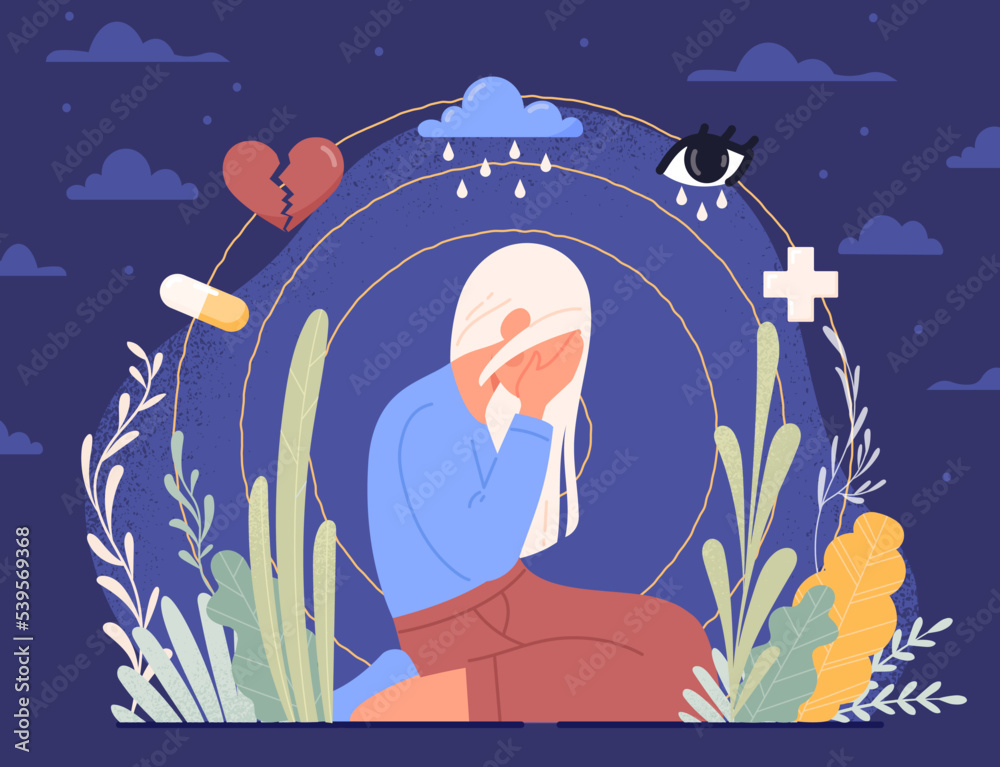 Mental health problems. Woman sits on her knees, covering her face with ...