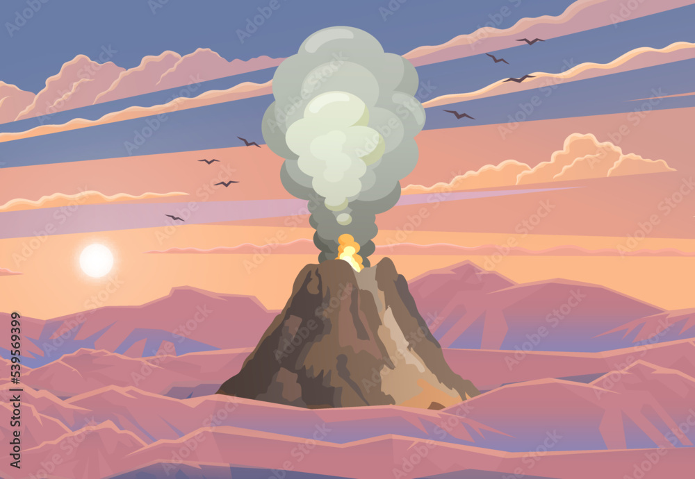 Strong jet of effluent hot lava. Erupting rock pinnacle volcano ...