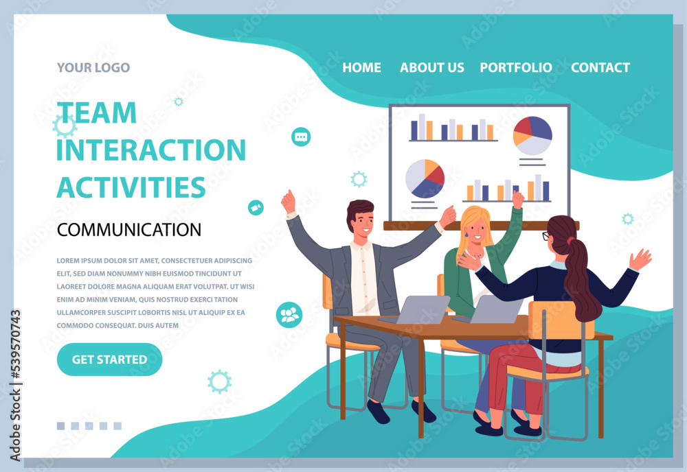 Team interaction activities website template. Happy people sitting by ...