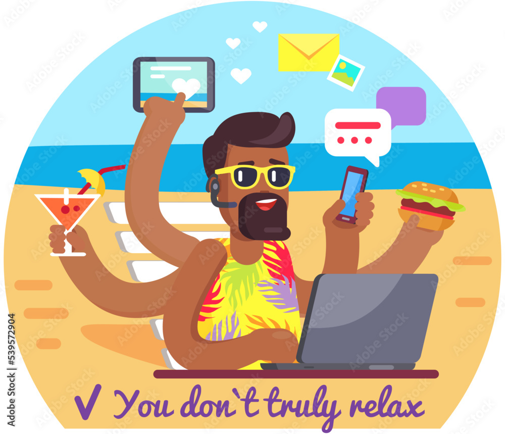 Stressed man working at beach resort. Male employee trying to deal with ...