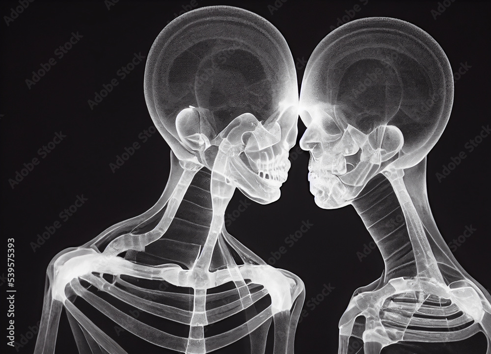 Kiss and tenderness of a couple in love on x-ray, valentine's day and love story. Illustration ...