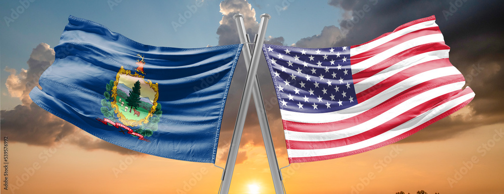 The flag of the state of Vermont displays the coat of arms and motto of ...