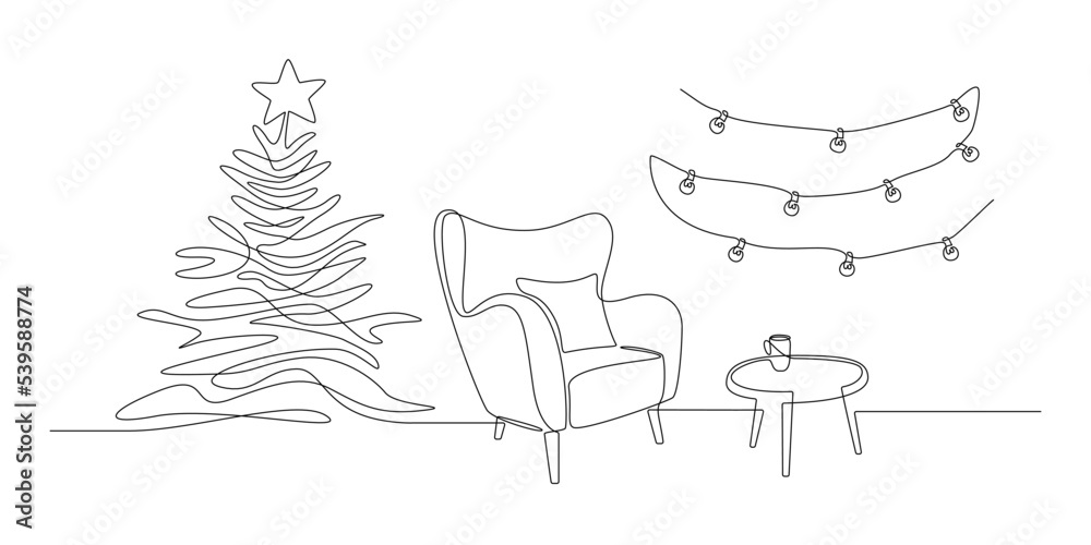 One continuous Line drawing of festive interior with armchair and ...