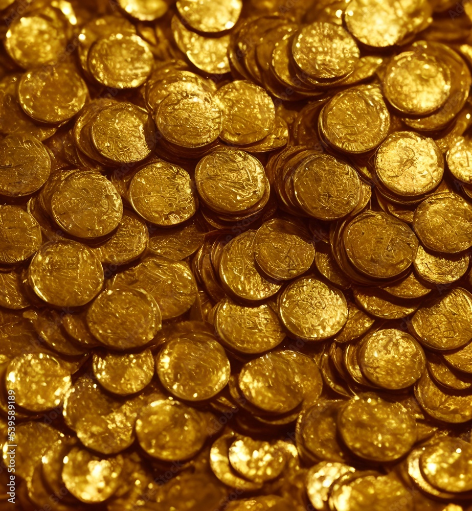 Illustration of a pile of slightly dented gold coins of unknown or ...