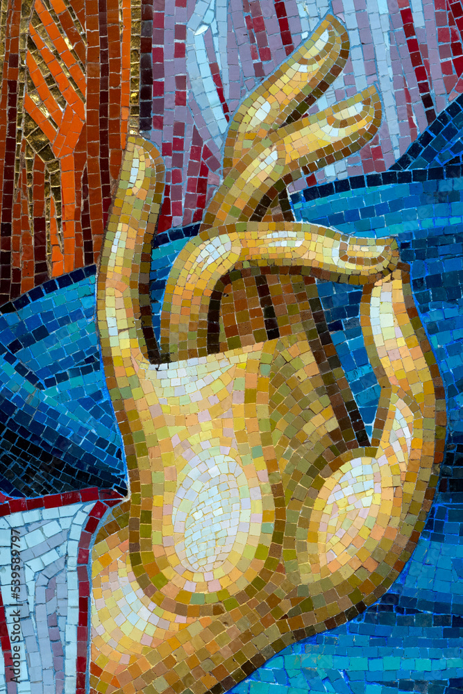 Byzantine or orthodox mosaic depicting the blessing right hand of Jesus ...