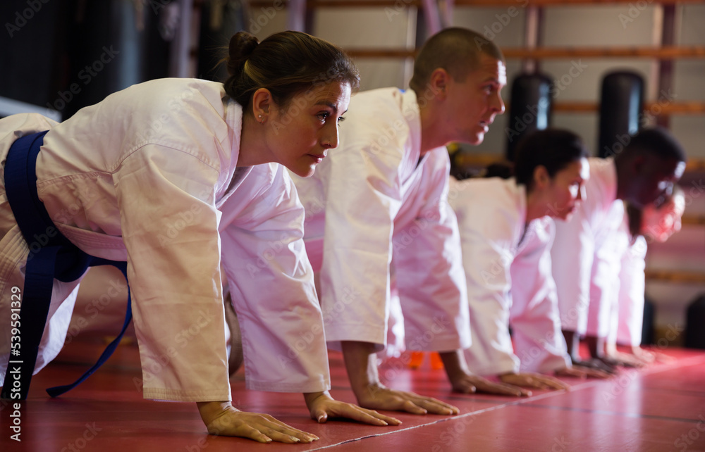 Men and women wearing kimono and doing push-ups in gym during group karate training. Stock Photo ...