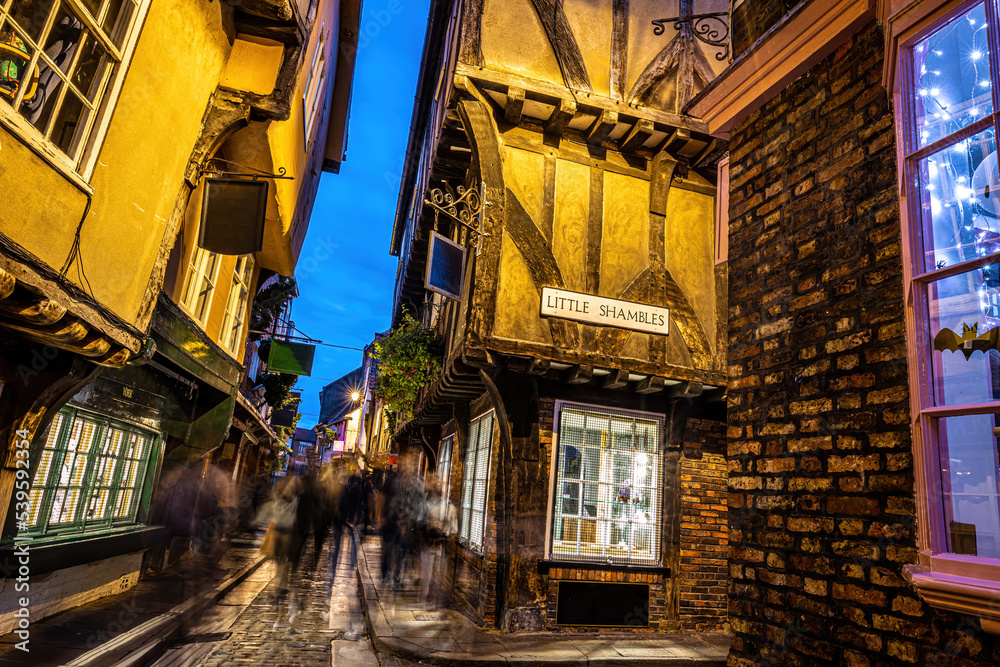 A Chirstmas night view of Shambles, a historic street in York featuring ...