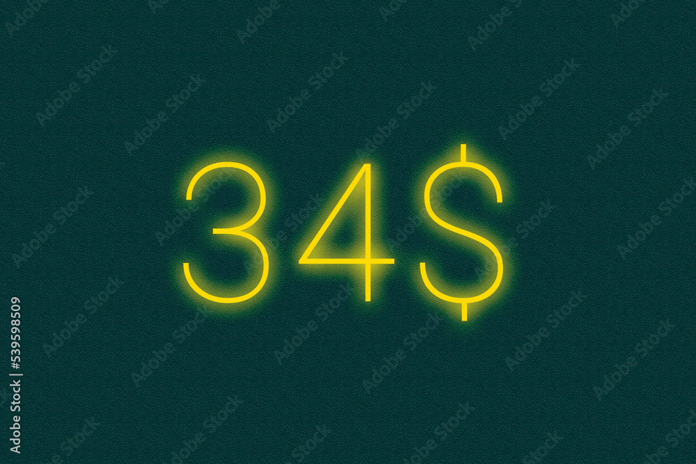 34$ dollar logo. thirty-four dollar neon sign. Number thirty-four on ...