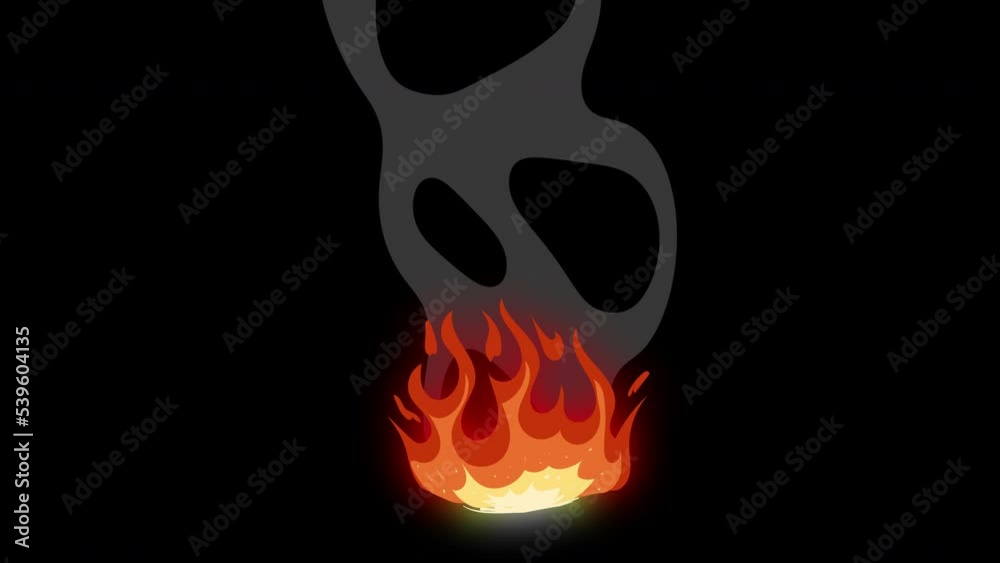 Animation of a burning campfire with smoke on a black screen. Cartoon ...
