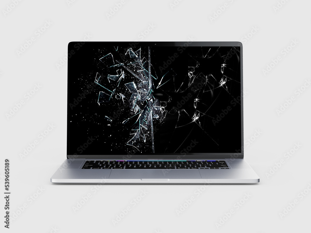 Broken Screen Laptop on white background - laptop shattered glass Stock ...