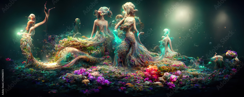 Beautiful shapes of mermaids at the bottom of the enchanted sea. 3D ...