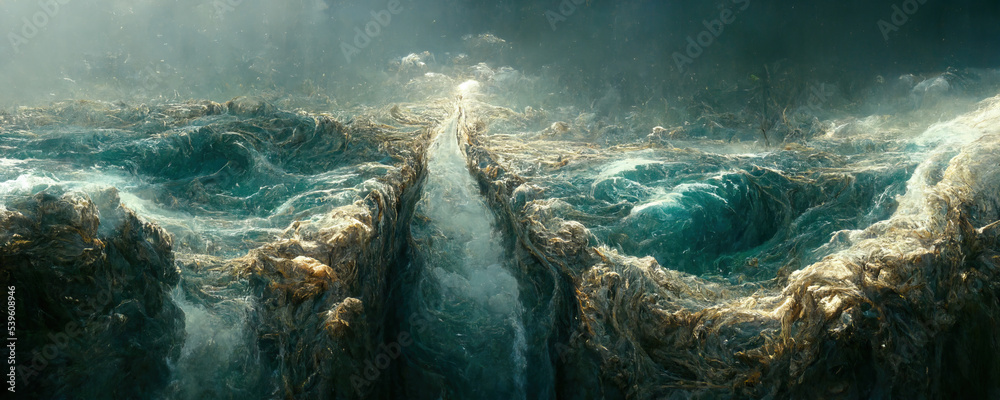 Ocean opening in biblical event of Moses. Opening of the Red Sea. 3D ...