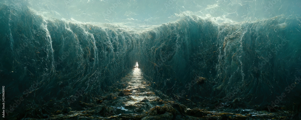 Ocean opening in biblical event of Moses. Opening of the Red Sea. 3D ...