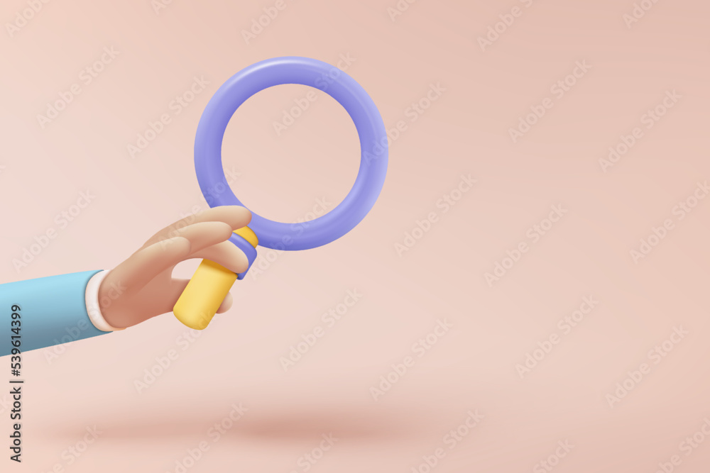 3D minimal magnifying glass in business hand on pink background. Search ...
