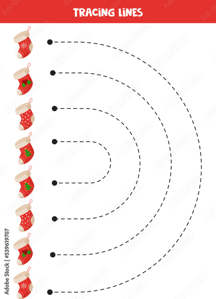 Tracing lines for kids with Christmas socks. Handwriting practice ...