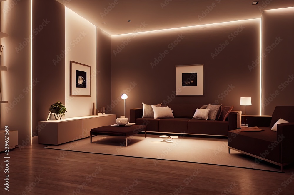 contemporary living room interior in the evening with lamp light, dark ...