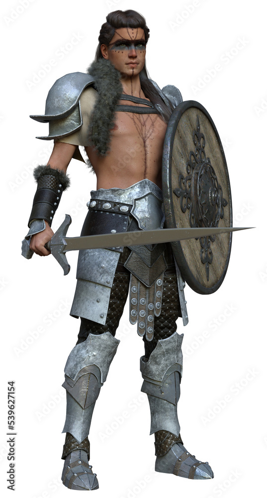 3D rendered handsome young male viking with bare chest on transparent ...
