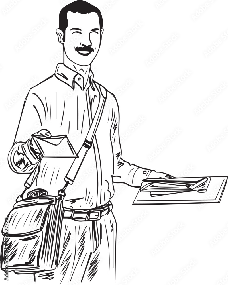 postman holding mail letter, continuous outline vector illustration ...