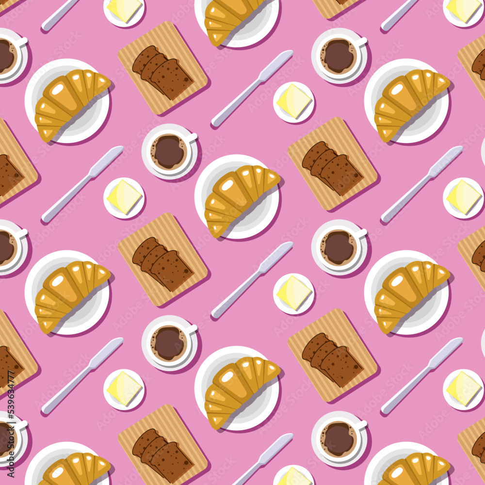 Seamless breakfast pattern on a pink background. Appetizing vector ...