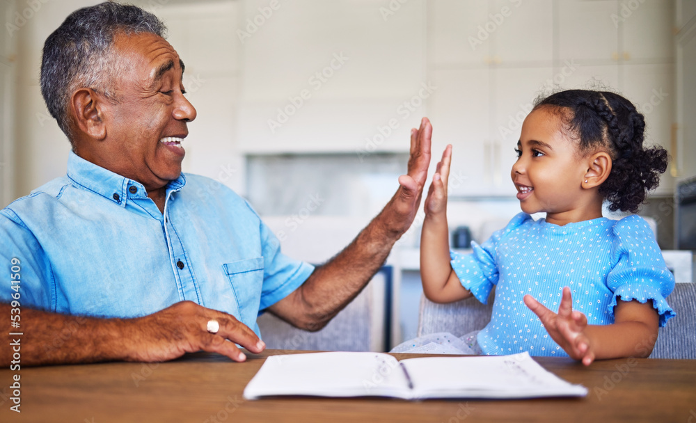 High five, child learning and black family grandfather support, helping ...