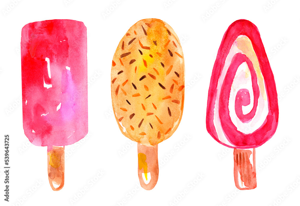 Watercolor set of ice cream: fruit ice cream, caramel-glazed creamy ...