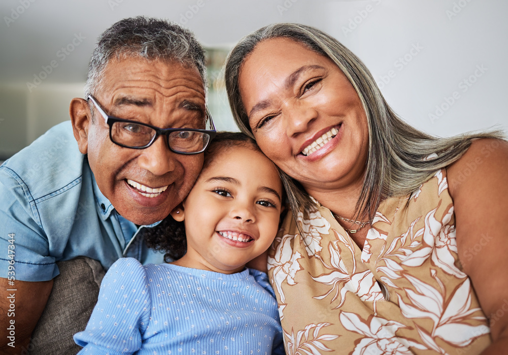 Family, grandparents and child portrait in a house relaxing, bonding ...