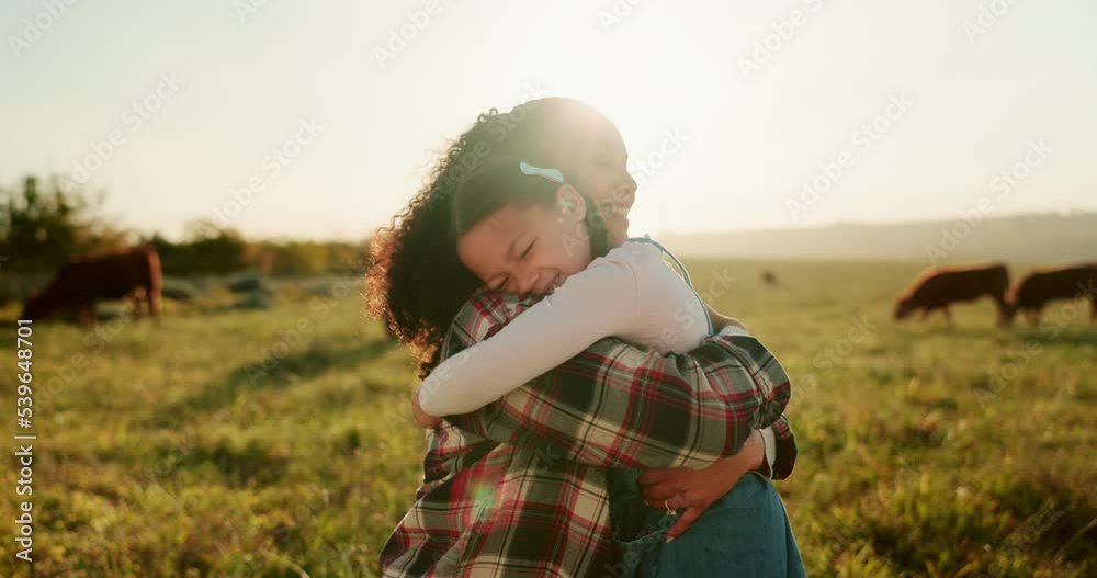 Agriculture, cows and mother hug child for sustainability farming ...