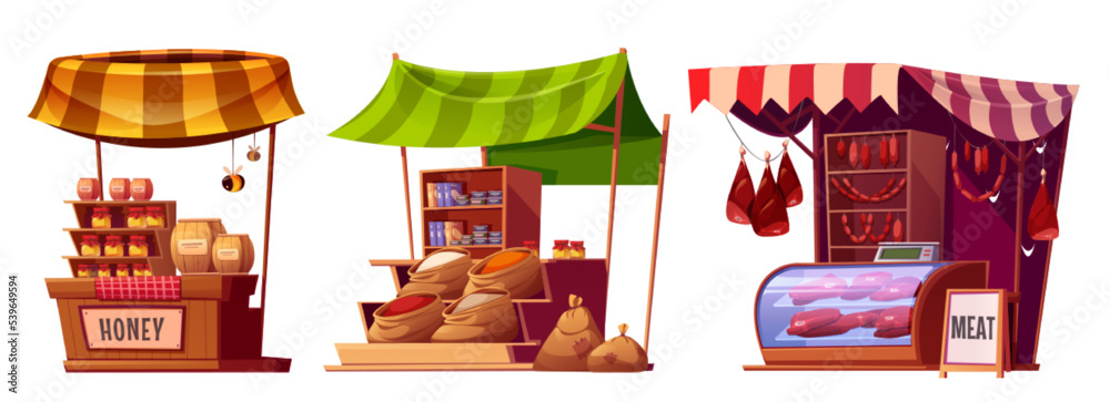 Set of local market stalls isolated on white background. Cartoon vector ...