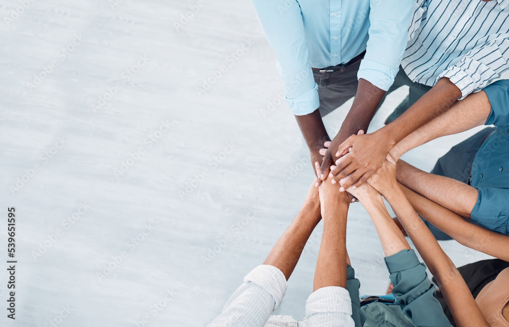 Teamwork, motivation and diversity hands stacked with mock up corporate ...