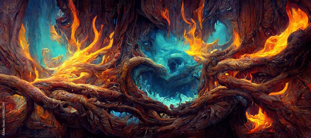 Abstract fantasy woods, ancient oak trees bent and twisted by fiery ...