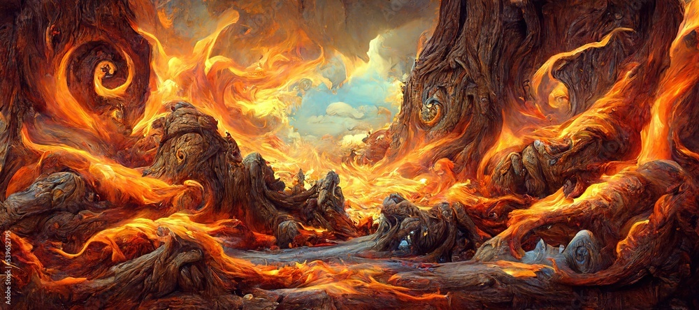 Abstract fantasy woods, ancient oak trees bent and twisted by fiery ...