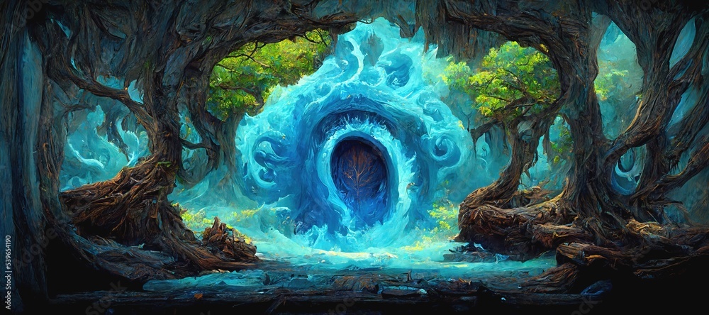 Abstract fantasy woods, ancient oak trees bent and twisted by fiery ...