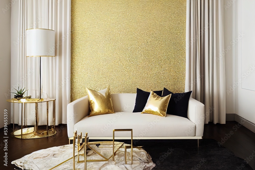 Luxury light interior of living room with gold wall and chic expensive ...